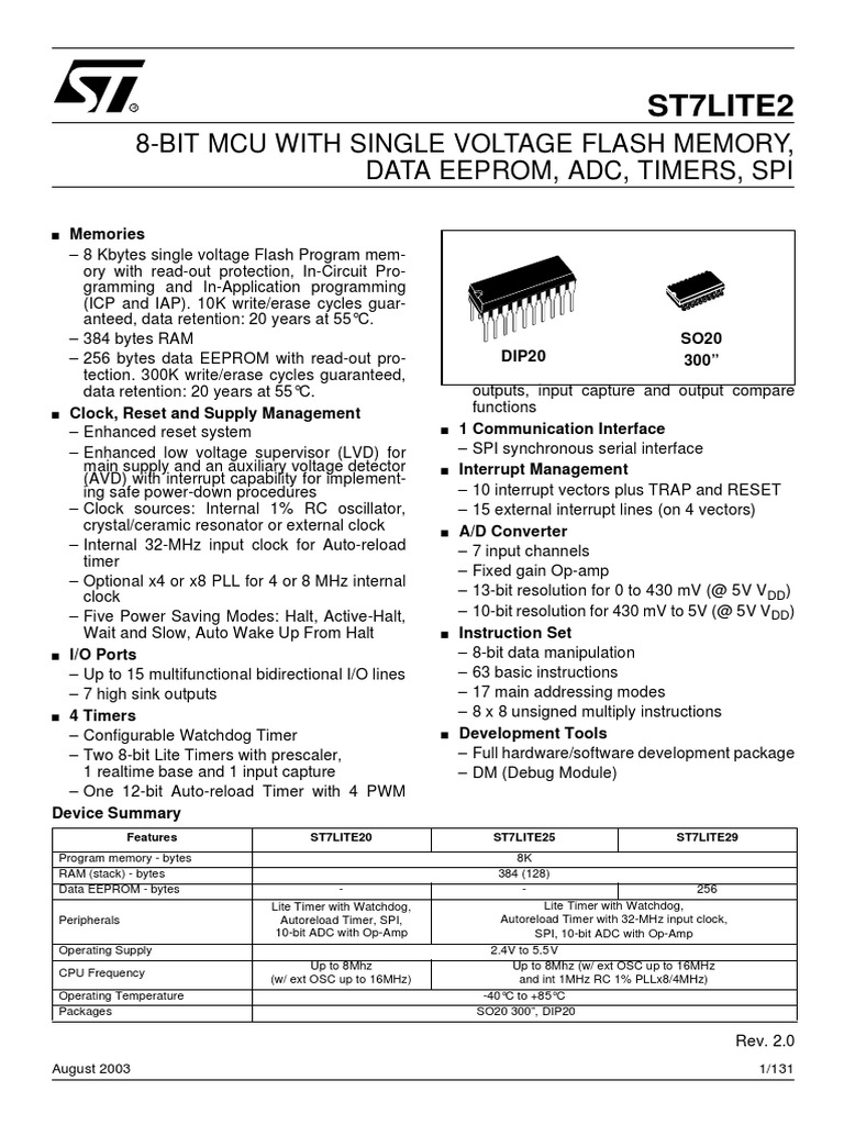 St7Lite2: 8-Bit Mcu With Single Voltage Flash Memory, Data Eeprom, Adc, Timers, Spi | PDF ...
