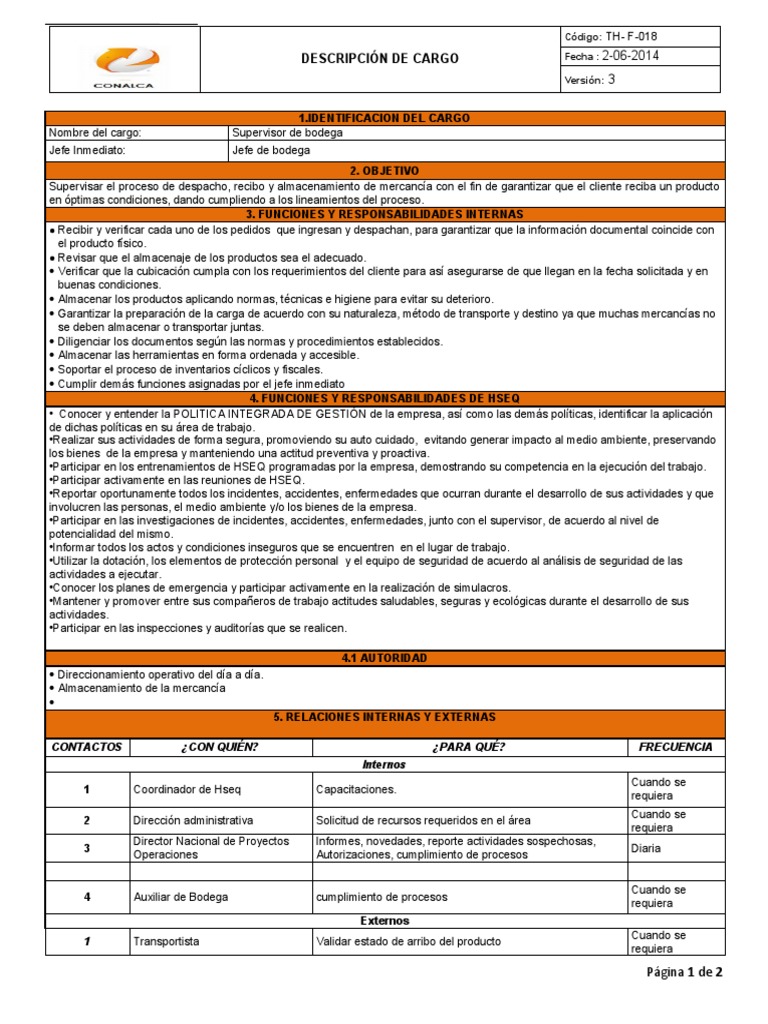 TH-F-018 Descripcion de Cargo - Supervisor de Bodega | PDF | Business ...