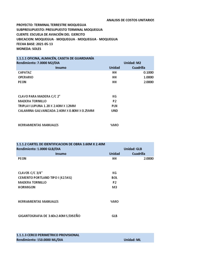 Análisis de Costos Unitarios | PDF | Hormigón | Construyendo tecnología