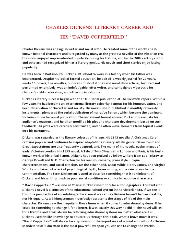 Charles Dickens' Literary Career and His 'David Copperfield'' | PDF ...