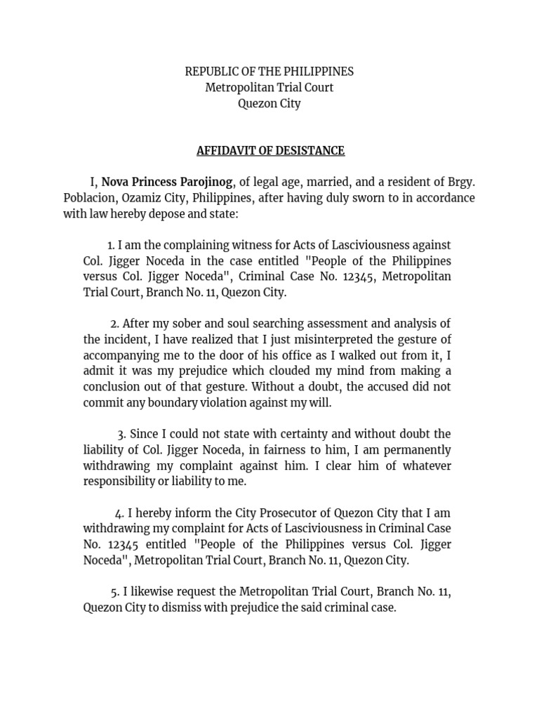 Affidavit of Desistance - Parojinog Case | PDF | Mystery, Thriller ...