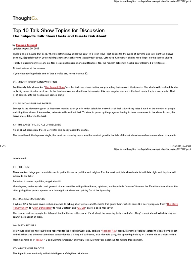 Top 10 Talk Show Topics For Discussion | PDF | Entertainment | Mass Media