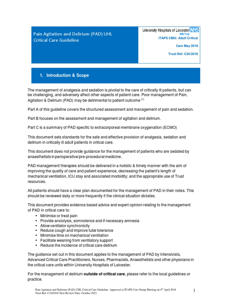 Pain Agitation and Delirium (PAD) UHL Critical Care Guideline | PDF ...