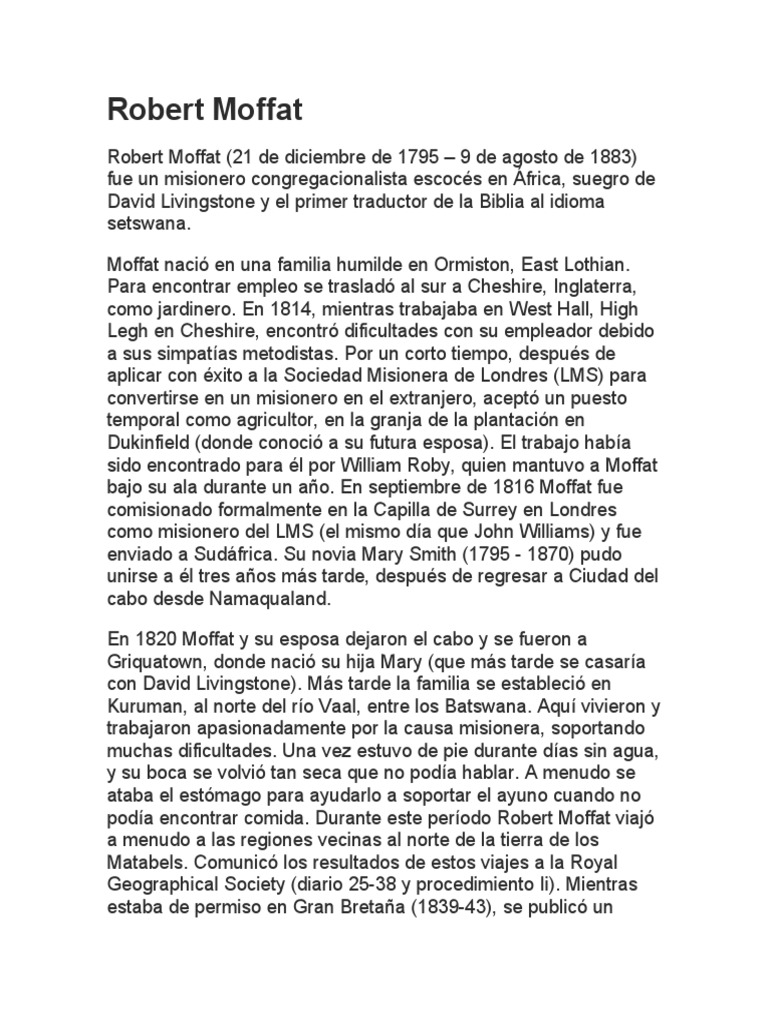 Robert Moffat 2 | PDF | David Livingstone | Religión y creencia
