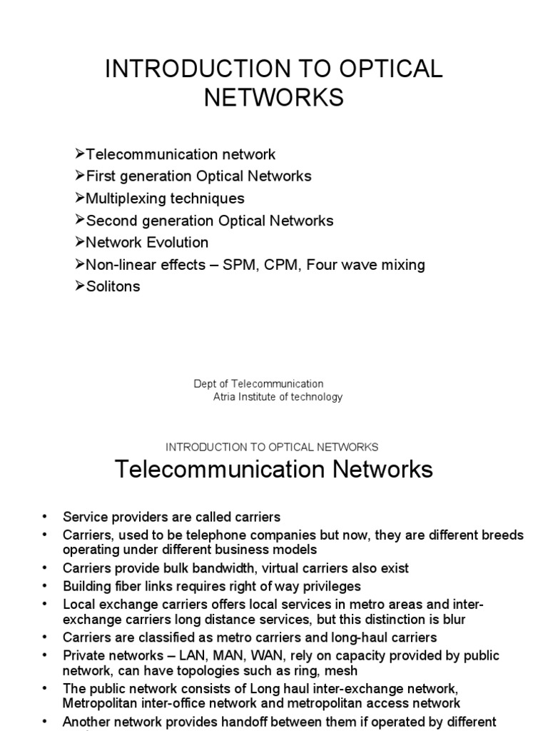 Introduction To Optical Networks: Dept of Telecommunication Atria ...