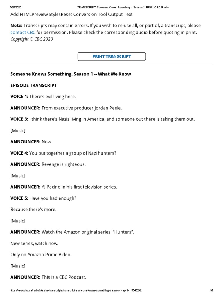 Transcript Someone Knows Something Season 1 Ep 9 CBC Radio | PDF