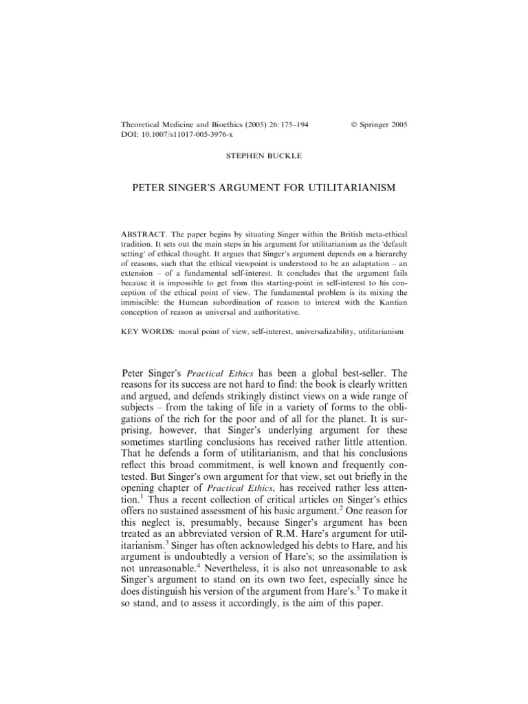 Stephen Buckle - Peter Singer's Argument For Utilitarianism | PDF ...