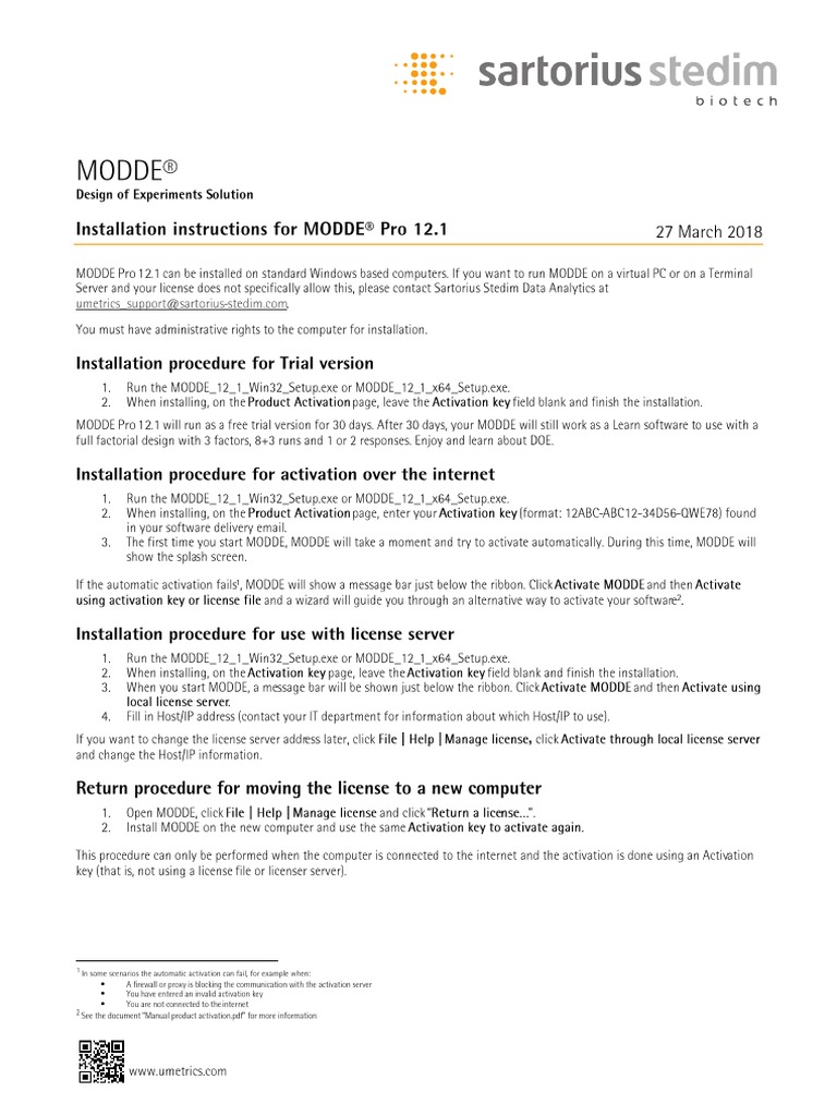 MODDE Pro 12.1 Installation Instructions | PDF