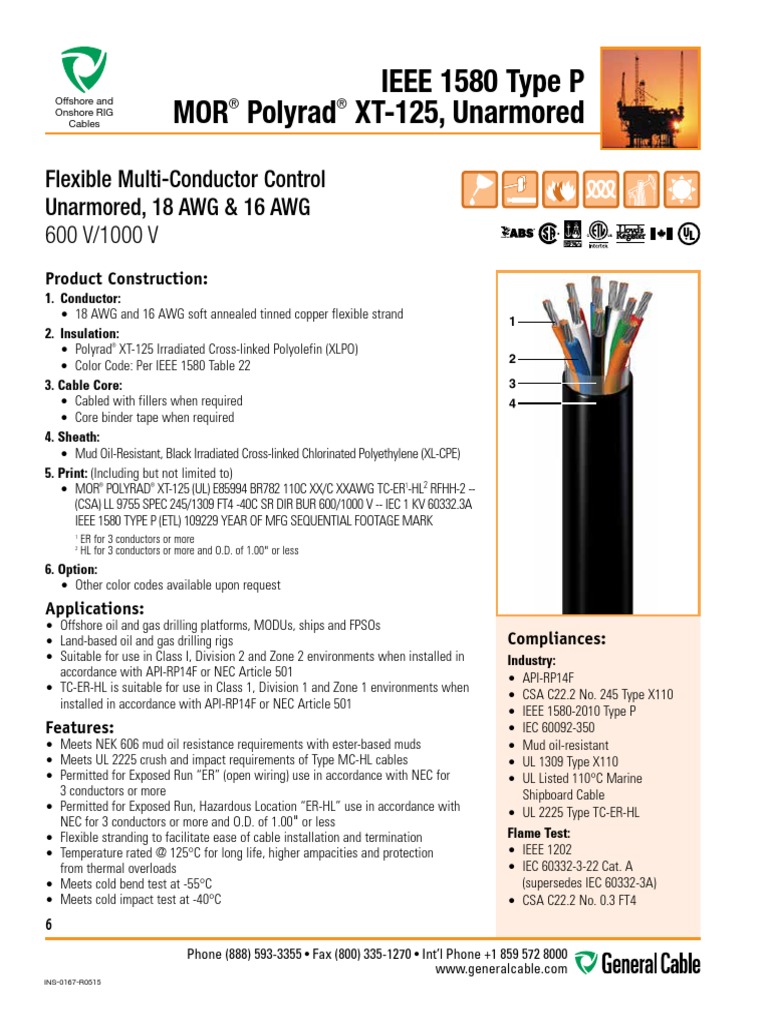 Polyrad Offshore Drill Cable 18AWG 4C XT125 | PDF | Electrical Wiring ...