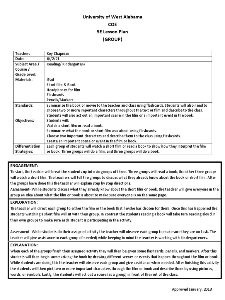 University of West Alabama COE 5E Lesson Plan (Group) : Teacher: Date ...