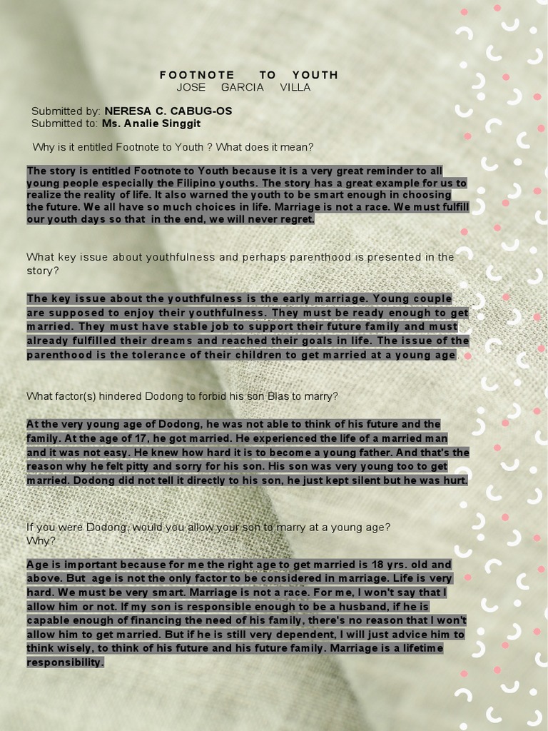 Footnote To Youth Worksheet | PDF