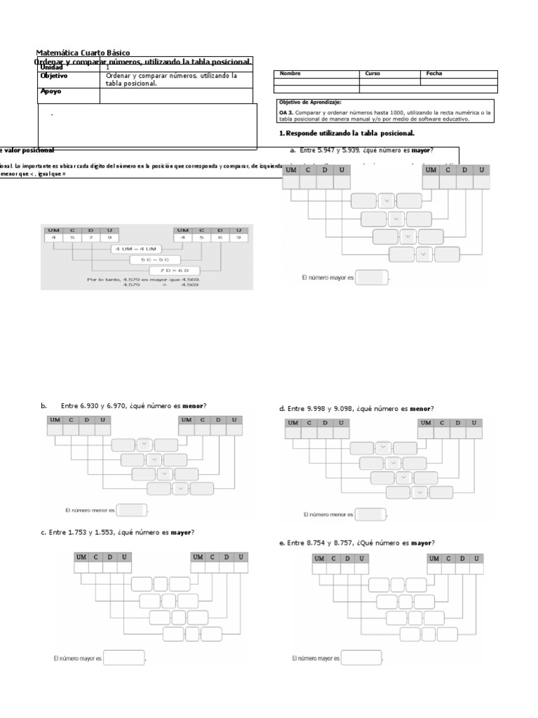 Guia Orden y Comparación 4° Basico Tabla de Valor Posicional | PDF ...