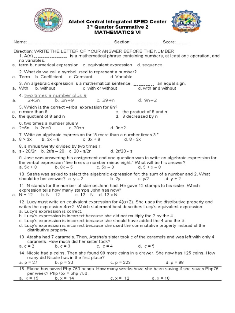MATH 3rd Grading Summative 2 Grade 6 | PDF | Numbers | Mathematical Objects