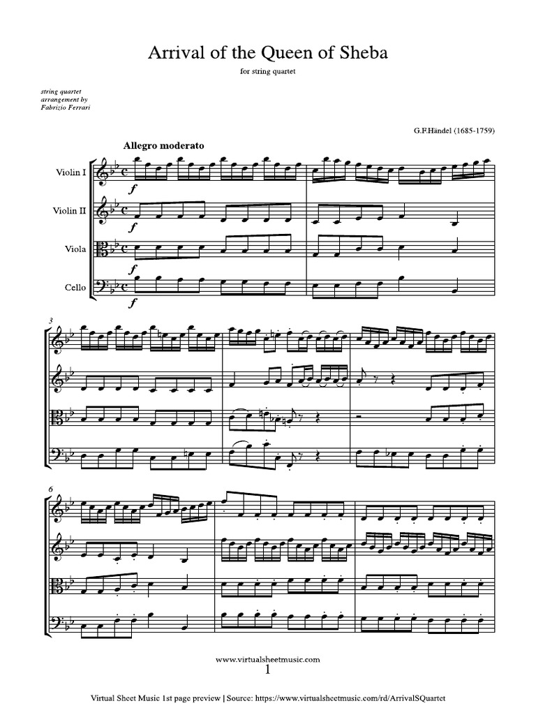 Handel - Arrival of The Queen of Sheba Sheet Music For String Quartet | PDF