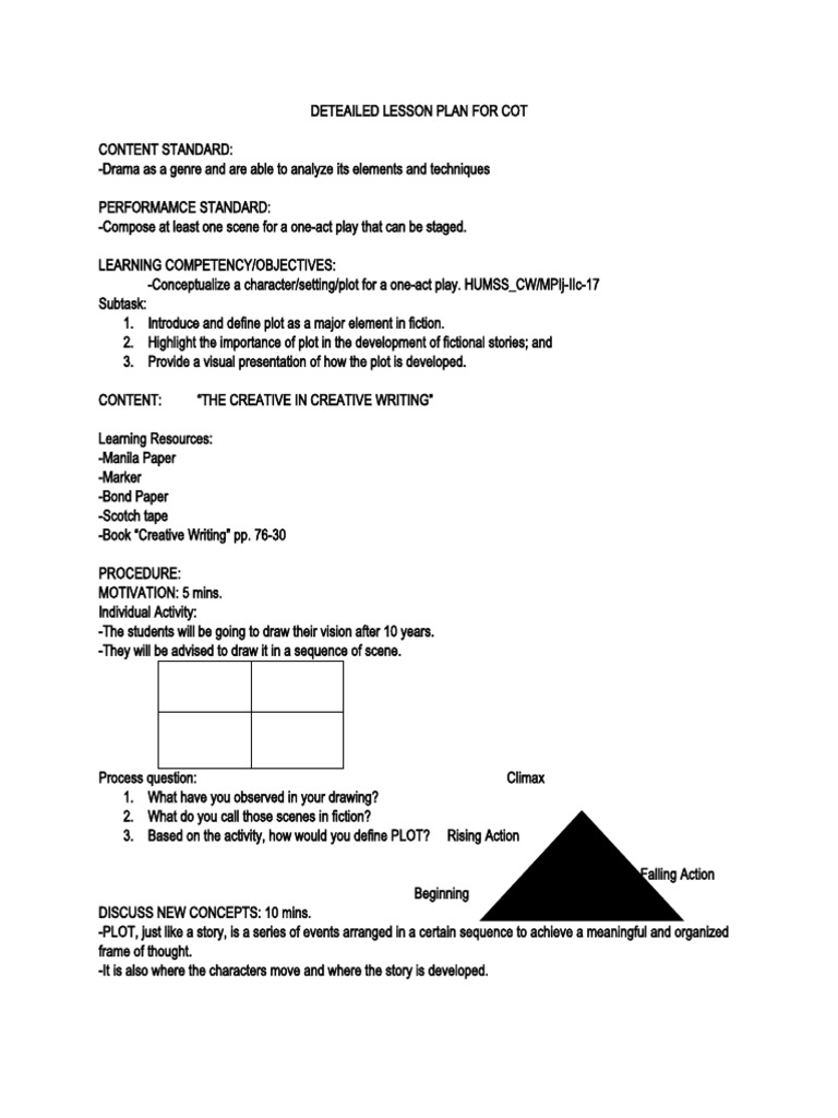 Deteailed Lesson Plan For Cot | PDF | Plot (Narrative) | Lesson Plan