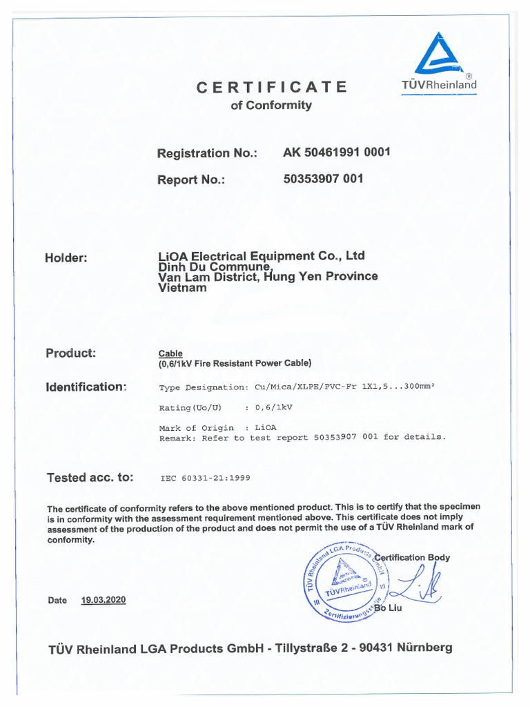 Certificate of Conformity IEC 60331 (TUV Rheinland) | PDF