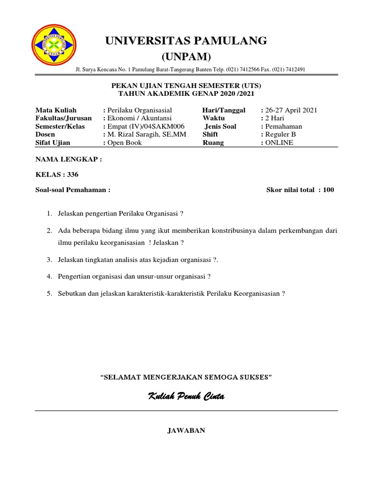 Soal UTS Perilaku Organisasi UNPAM | PDF