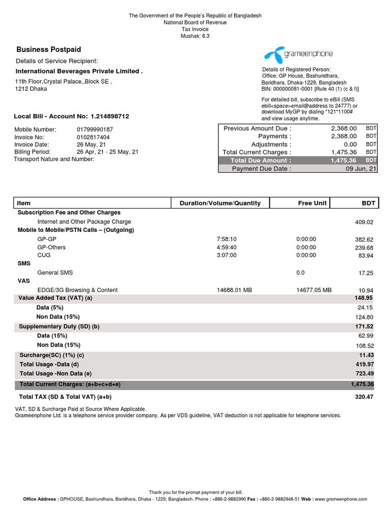 May 2021 Mobile Bill | PDF | Value Added Tax | Fee