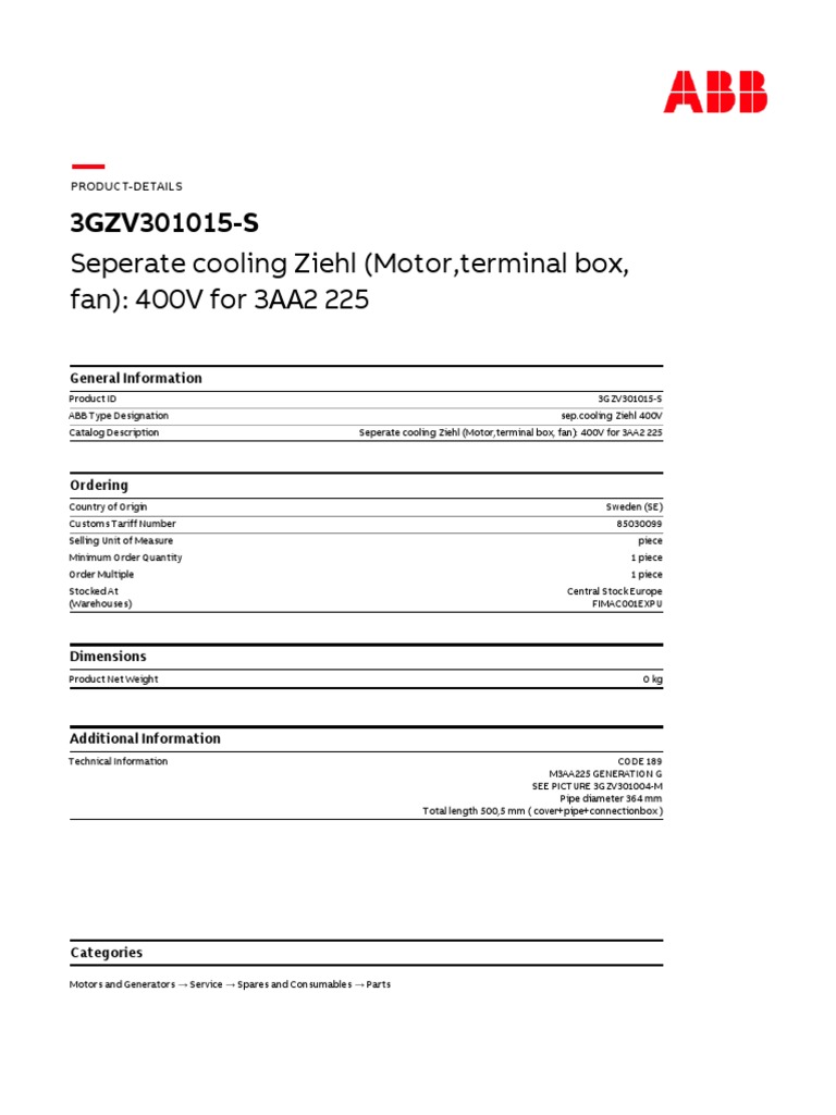 3GZV301015 S Seperate Cooling Ziehl Motor Terminal Box Fan 400v For ...