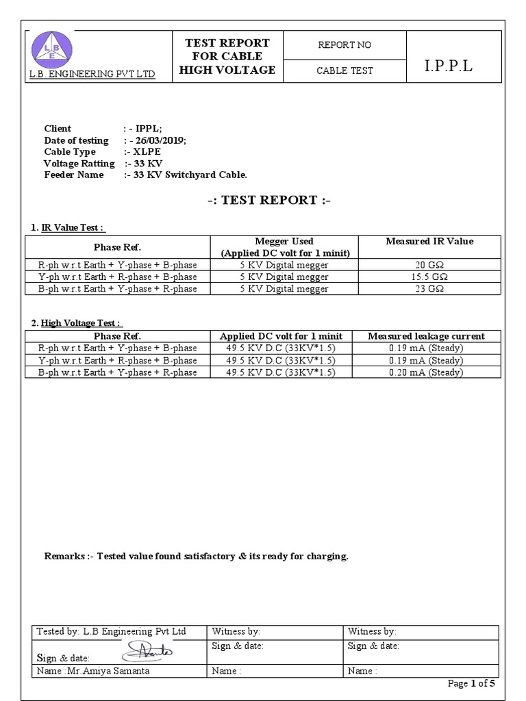 Cable Test Report | PDF | Direct Current | High Voltage