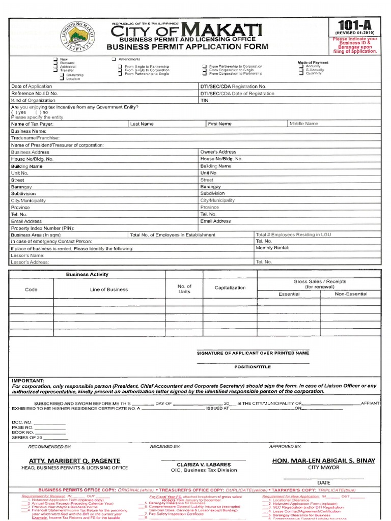 Bus. Permit App. Form For Makati City | PDF