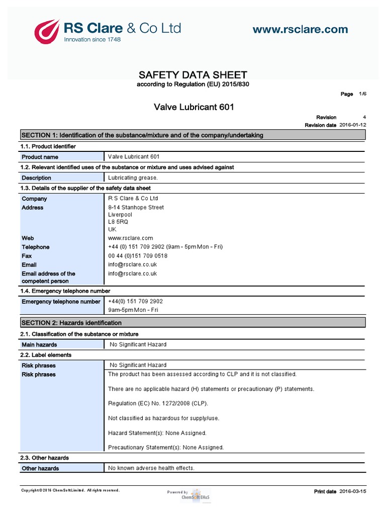 Clare Valve Lubricant 601 Sds Bradechem | PDF | Dangerous Goods | Toxicity