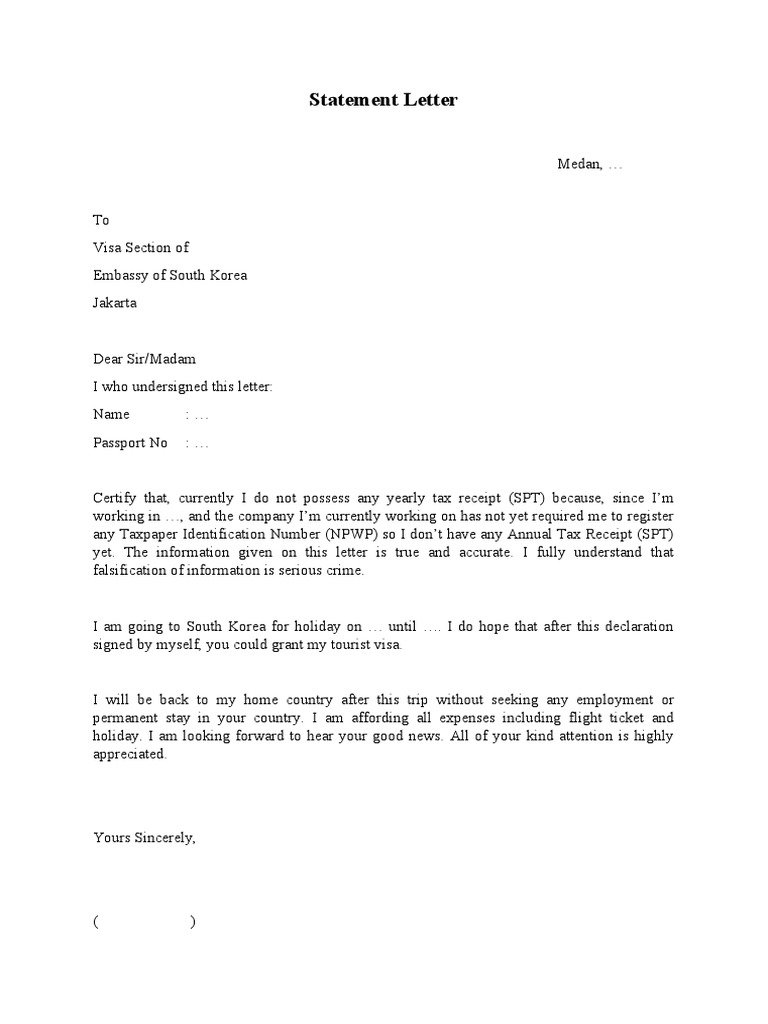 Statement Letter No SPT | PDF