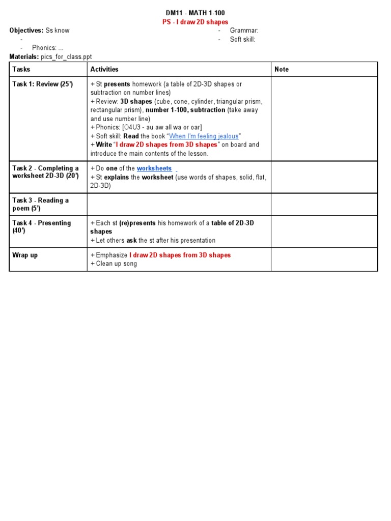 2D-3D Shapes Lesson Plan | PDF