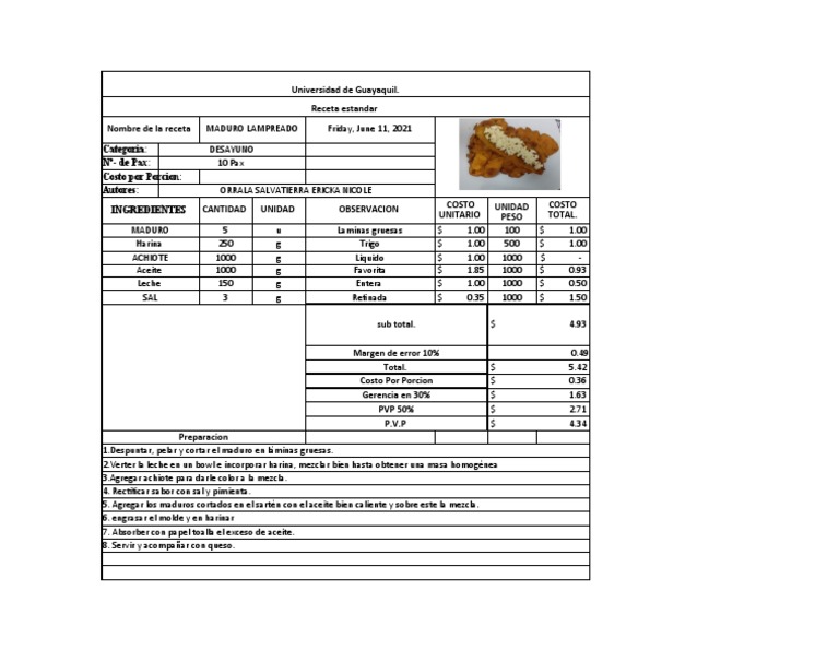 Receta Costeada y Fecha Larga | PDF | Ingredientes de comida | Cocinando