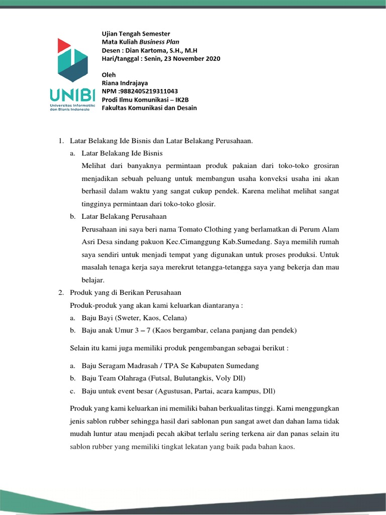 UTS Bussines Plan-Riana Indrajaya-19311043 | PDF | Bisnis | Seni