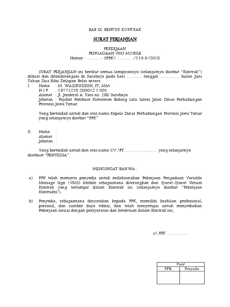 Surat Perjanjian: Paraf PPK Penyedia | PDF