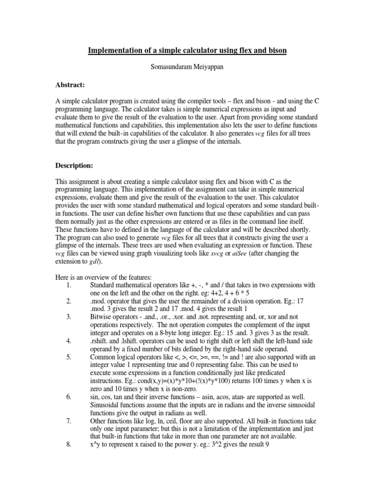 Implementation of A Simple Calculator Using Flex and Bison: Abstract | PDF | Parsing | Computer ...