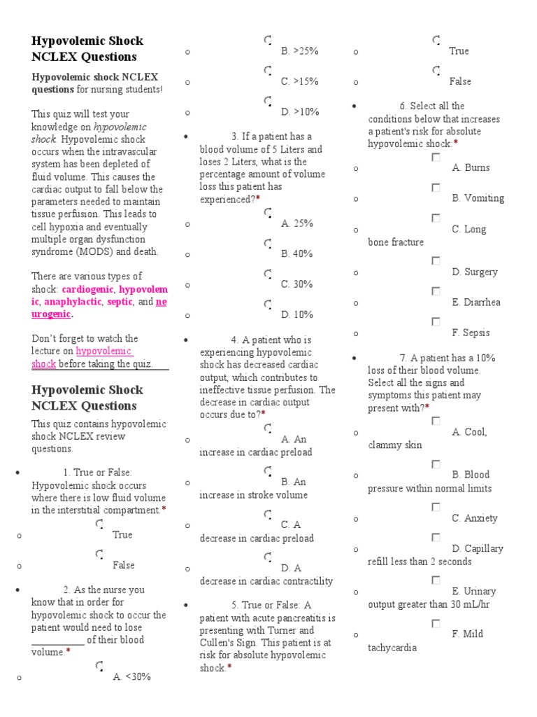 Hypovolemic Shock NCLEX Questions | PDF | Shock (Circulatory) | Blood ...