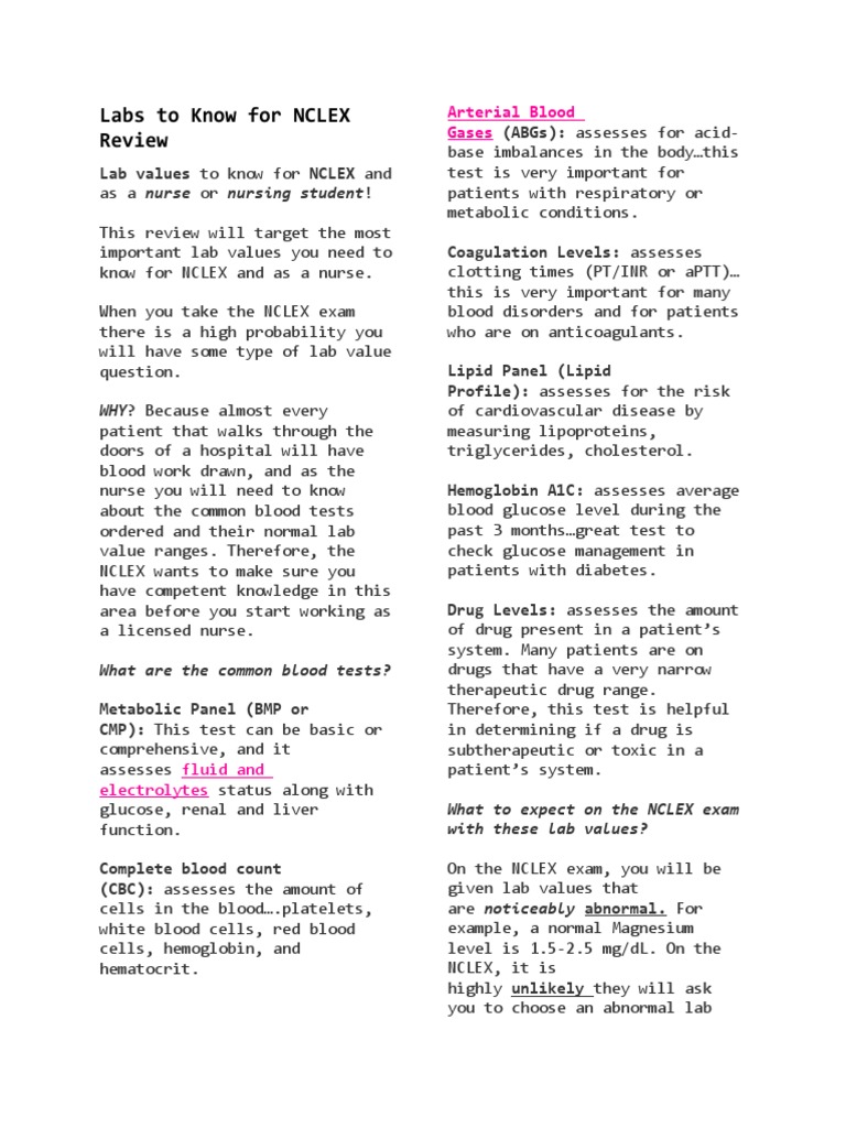 Labs To Know For NCLEX Review | PDF | National Council Licensure ...