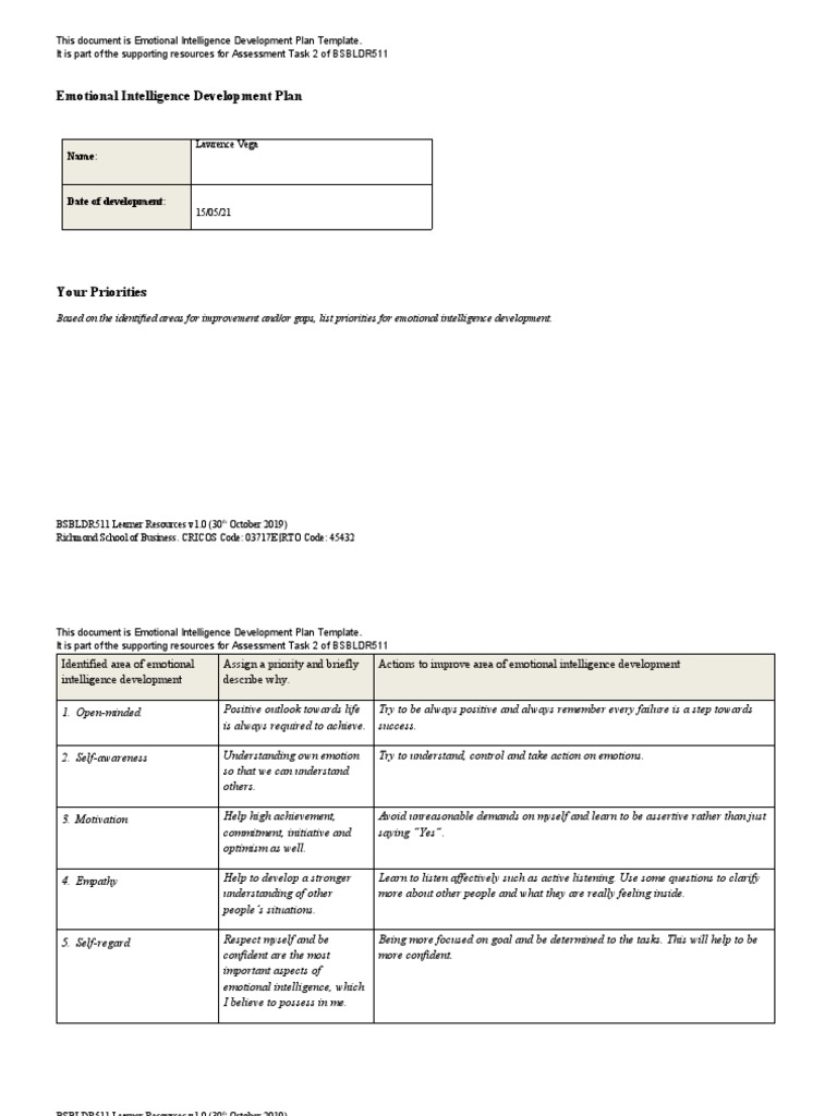 Emotional Intelligence Development Plan Template | PDF | Emotional ...