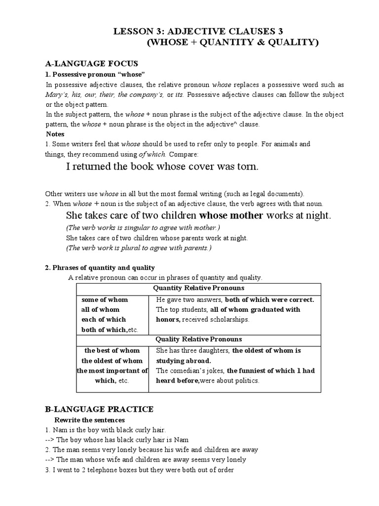 I Returned The Book Whose Cover Was Torn.: Lesson 3: Adjective Clauses ...