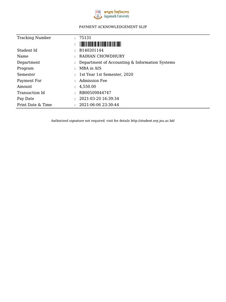 Payment Acknowledgement Slip: Authorized Signature Not Required. Visit ...