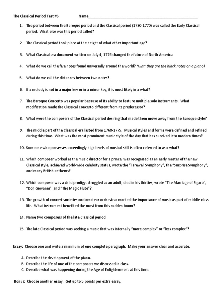 The Classical Period Worksheet | PDF | Classical Period (Music ...