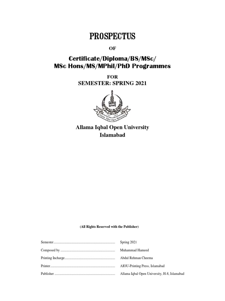 Prospectus: Certificate/Diploma/Bs/Msc/ MSC Hons/Ms/Mphil/Phd Programmes | PDF | Bachelor Of ...