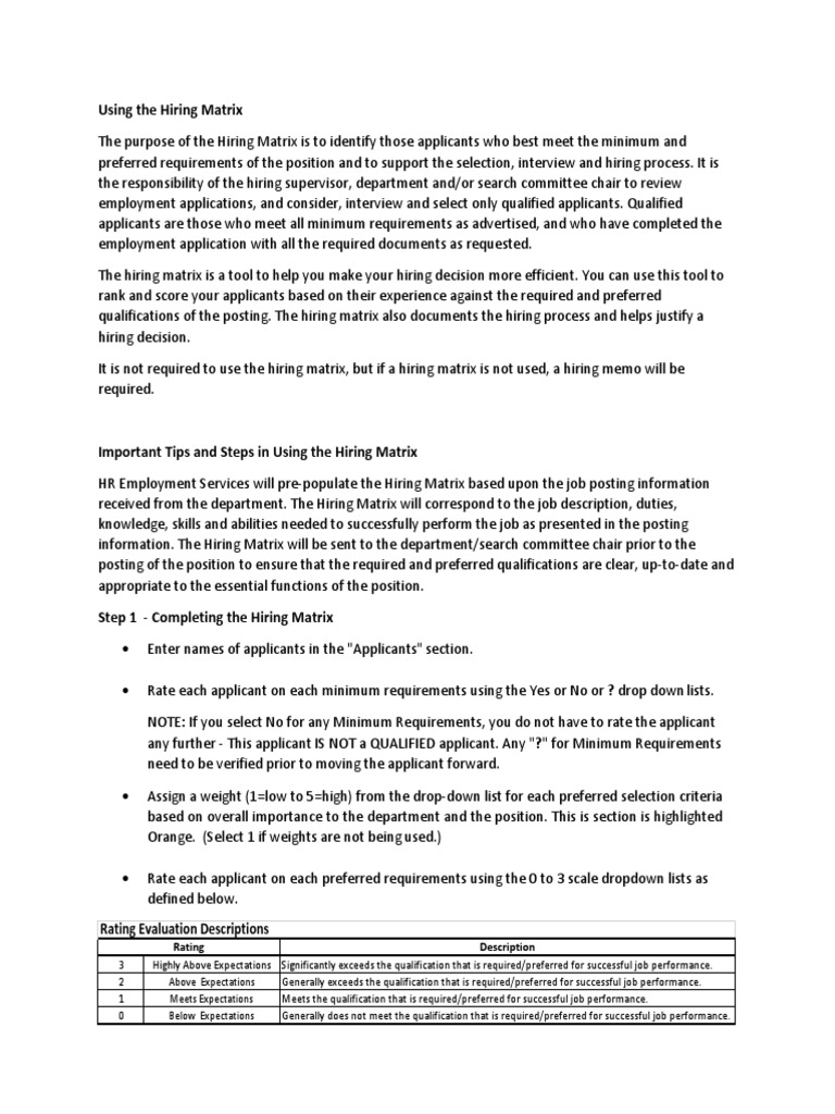 Using The Hiring Matrix: Rating Evaluation Descriptions | PDF ...