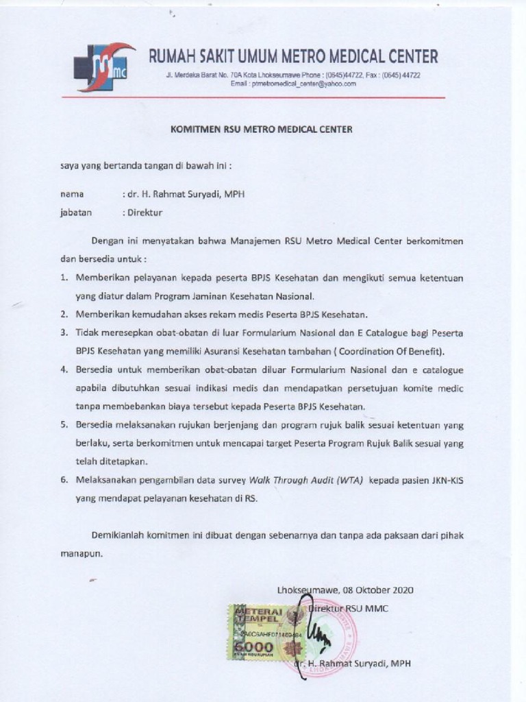 F. Surat Pernyataan Kesediaan Mematuhi Peraturan JKN | PDF