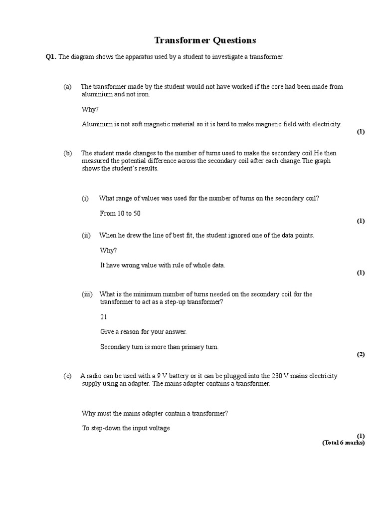 Transformer Questions: Q1. The Diagram Shows The Apparatus Used by A ...