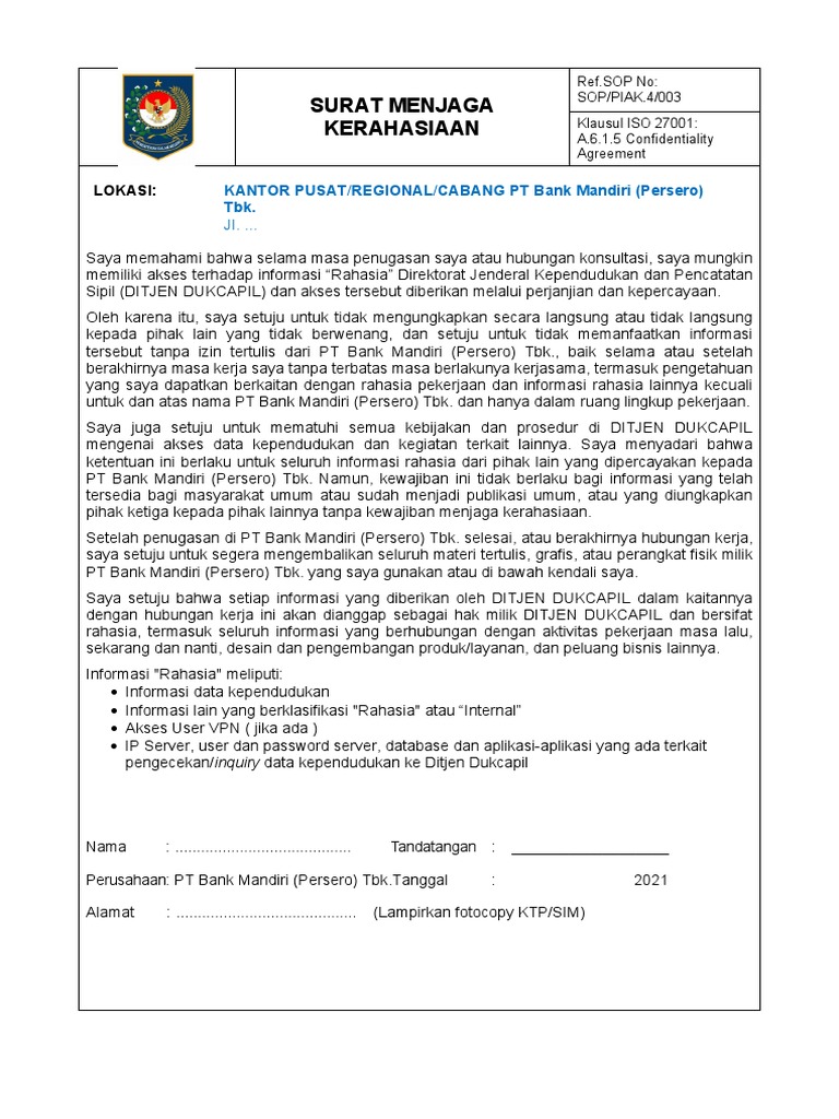 Formulir NDA - Web Portal Dukcapil - Template - Bmri Final | PDF