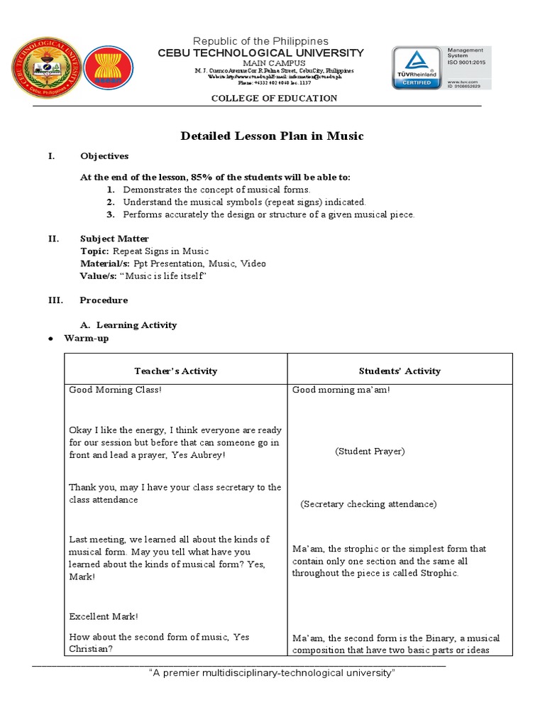 Lesson Plan on Music Repeat Signs | PDF | Communication | Learning