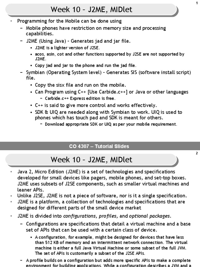 Week 10 - J2Me, Midlet: Co 4307 - Tutorial Slides | PDF | Java Virtual Machine | Java Platform