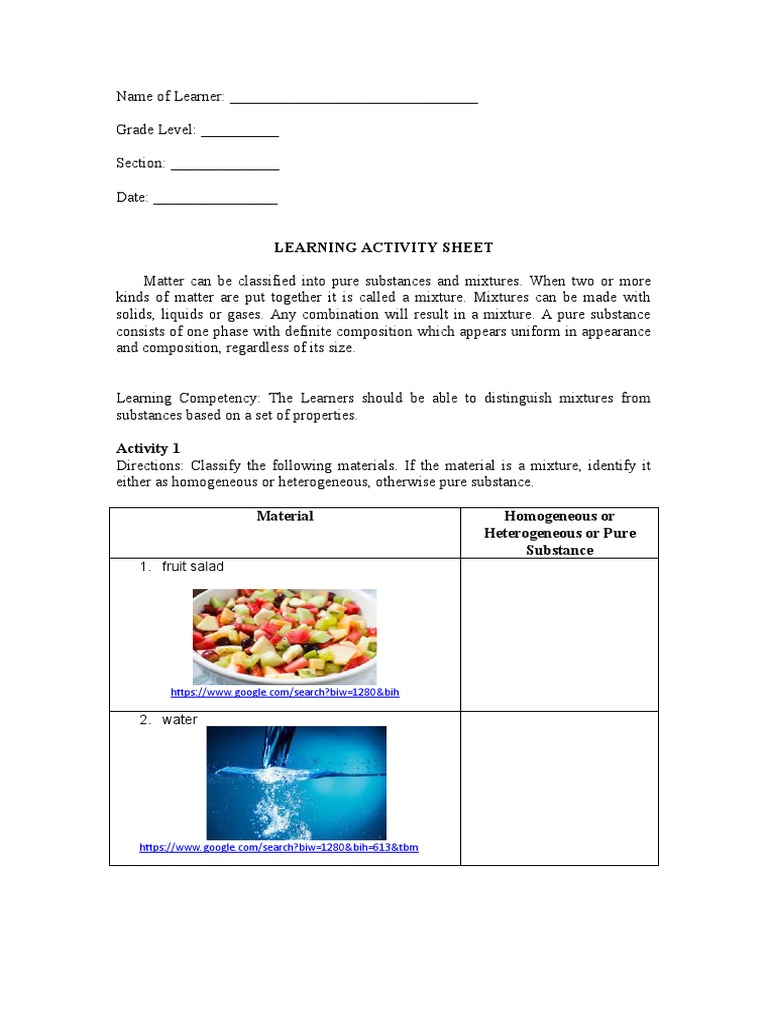 Learning Activity Sheet: 1. Fruit Salad | PDF | Homogeneity And ...