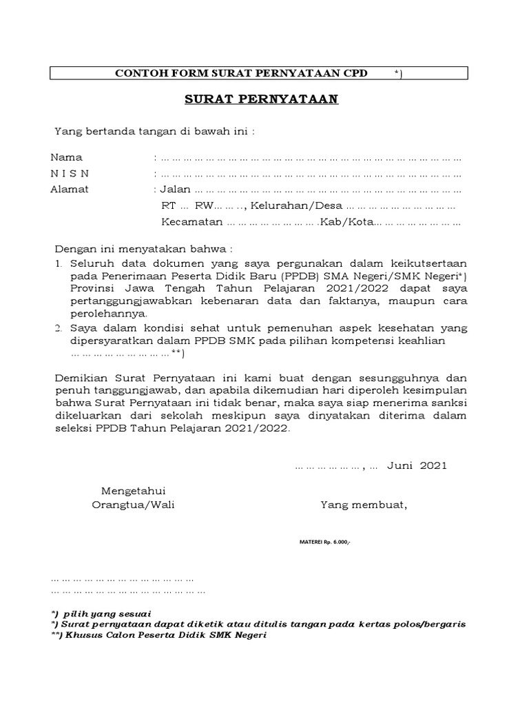 Contoh Surat Pernyataan PPDB 2021 | PDF