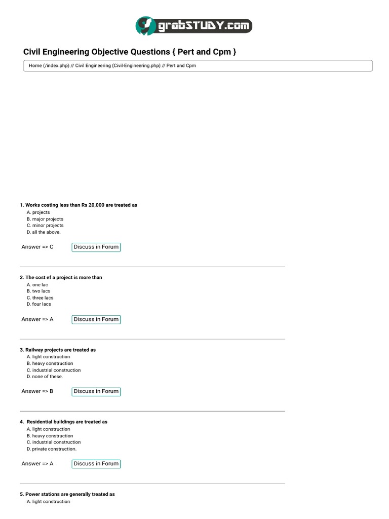 PERT and CPM - Civil Engineering Questions and Answers | PDF