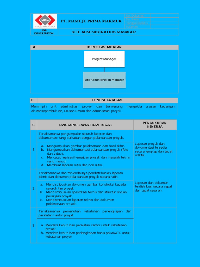 Deskripsi Jabatan Site Administration Manager | PDF