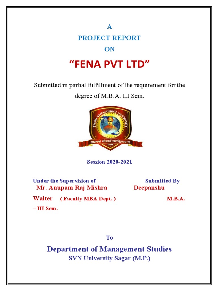 "Fena PVT LTD": A Project Report ON | PDF | Master Of Business ...